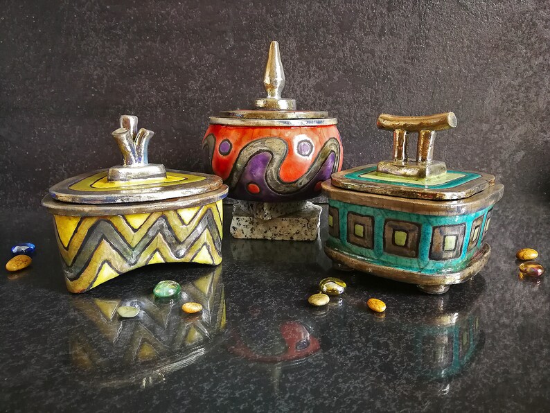 Raku Ethnic Geometric Jewelry Boxes – Handmade Colorful Ceramic Jars ...