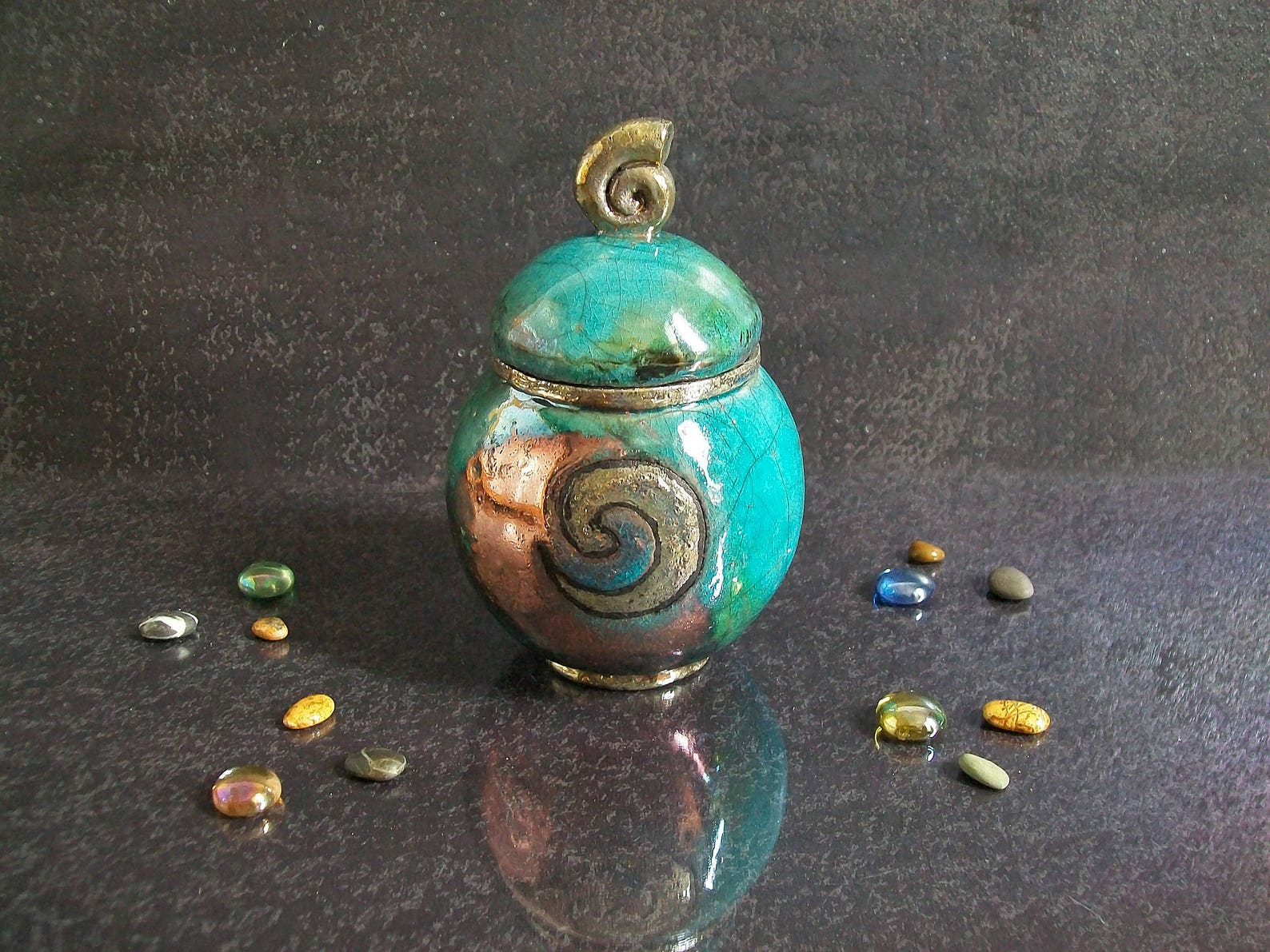 Round Raku Ceramic Lidded Jar or Jewelry Box With Golden Spiral ...