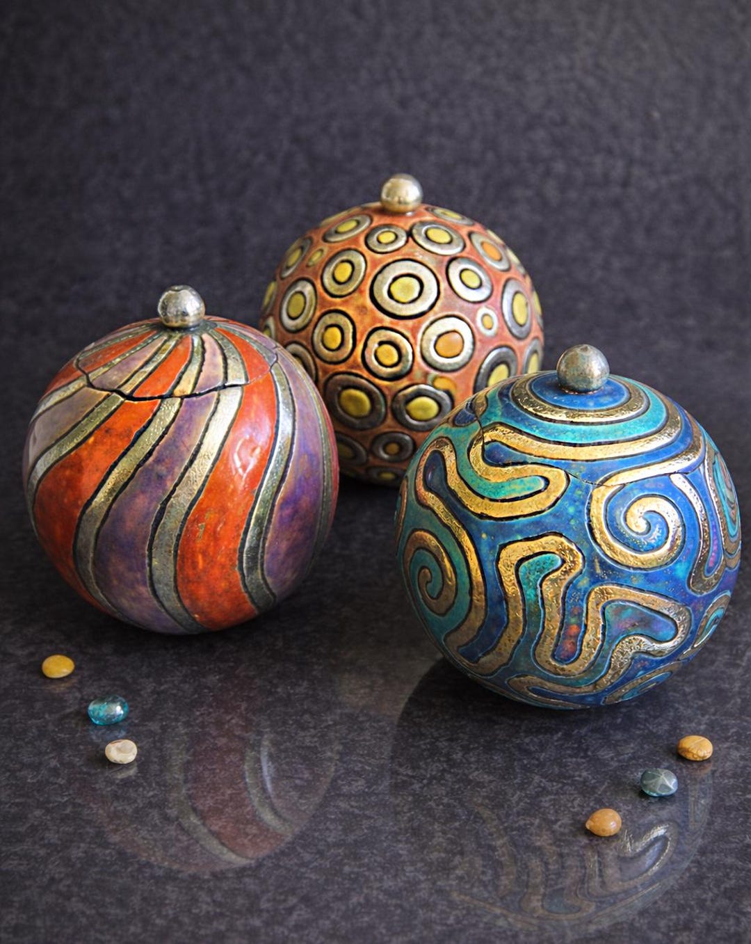 Colorful Raku Ceramic Jar Set – Handcrafted Lidded Spheres for Jewelry ...