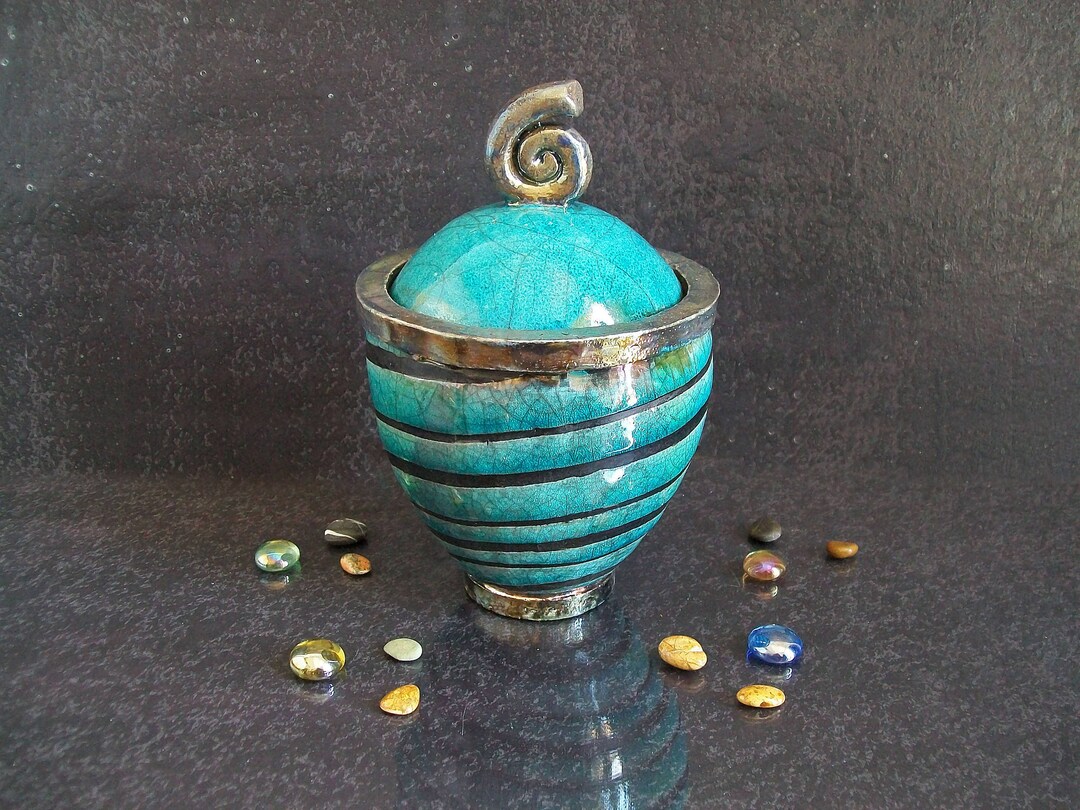 Raku Pottery Striped Jar With Lid, Blue Jar, Sugar Jar, Spices Jar ...