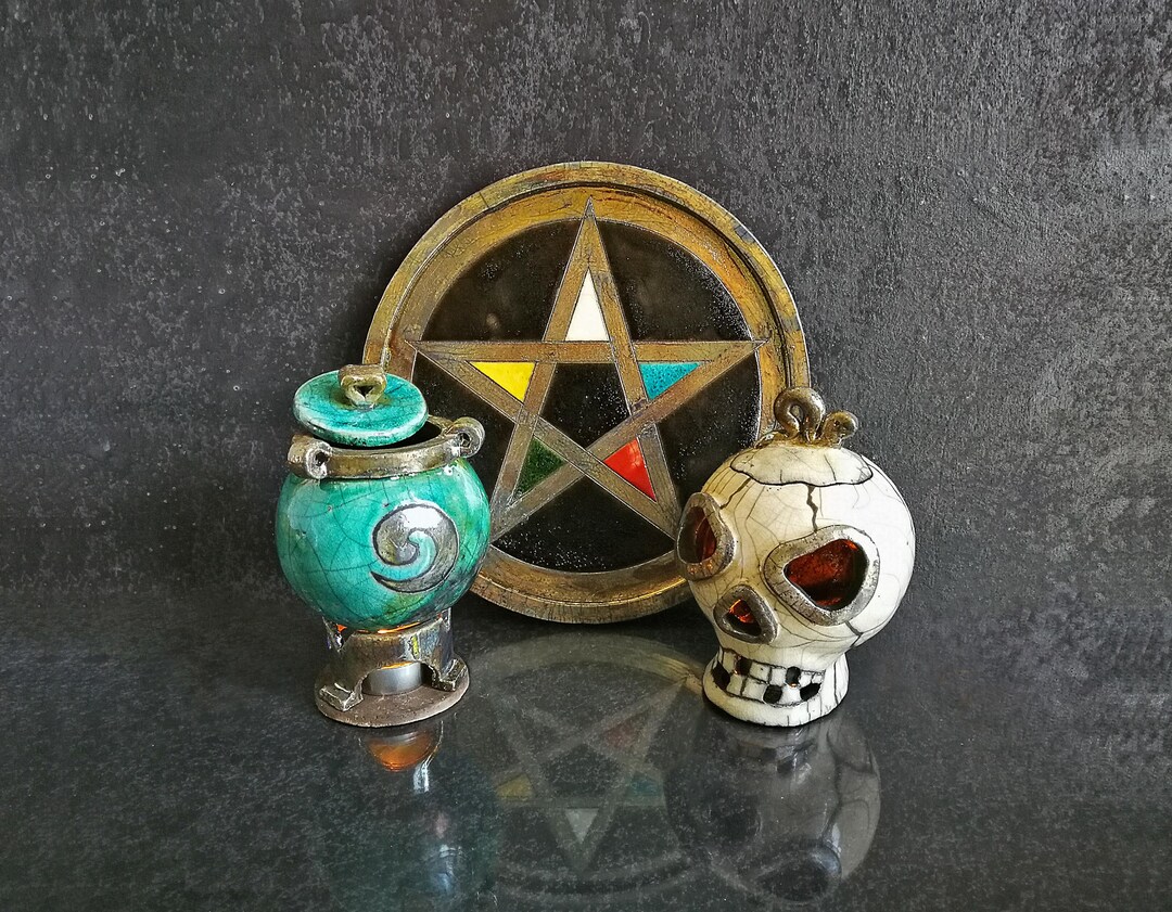 Wiccan Altar Set – Raku Ceramic Pentacle, Cauldron & Skull Candle ...