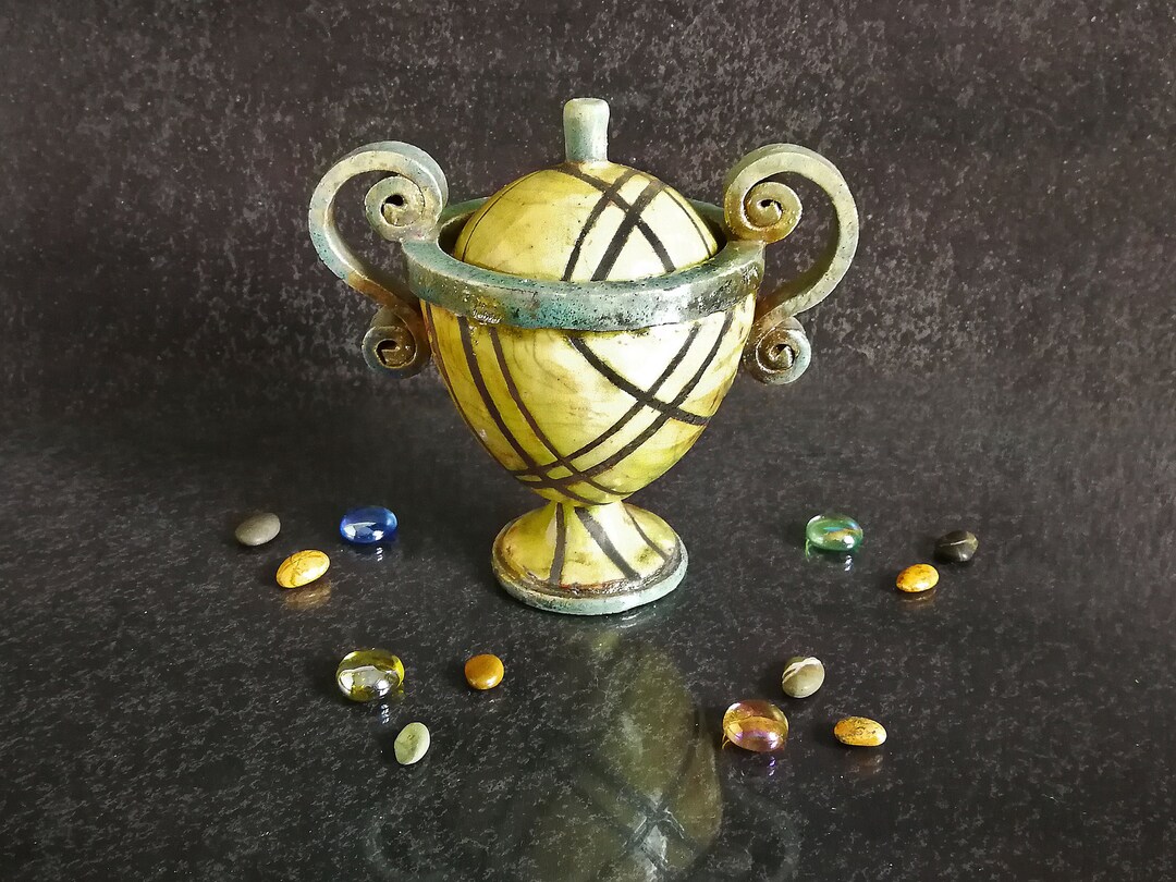 Mini Raku Lidded Cup – Antique-style Chalice With Spiral Handles ...