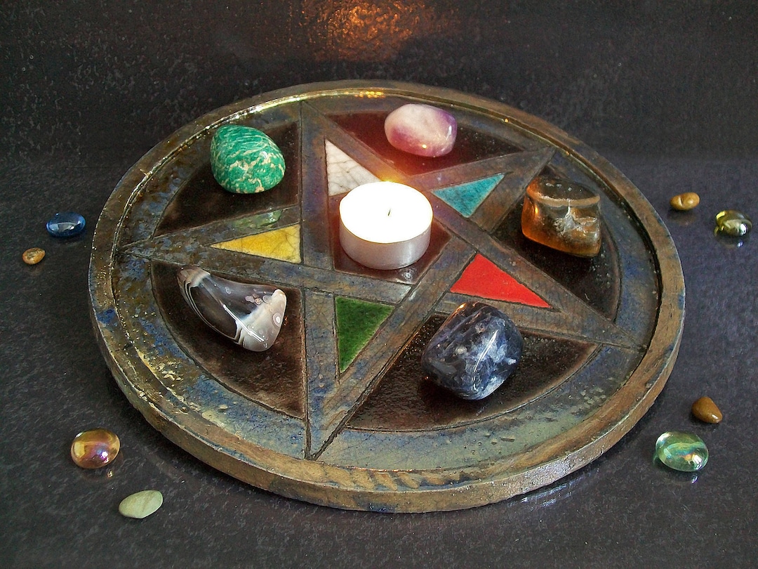 Raku Magical Pentacle Altar Tile – Wiccan Ritual Disc, Elemental Star ...