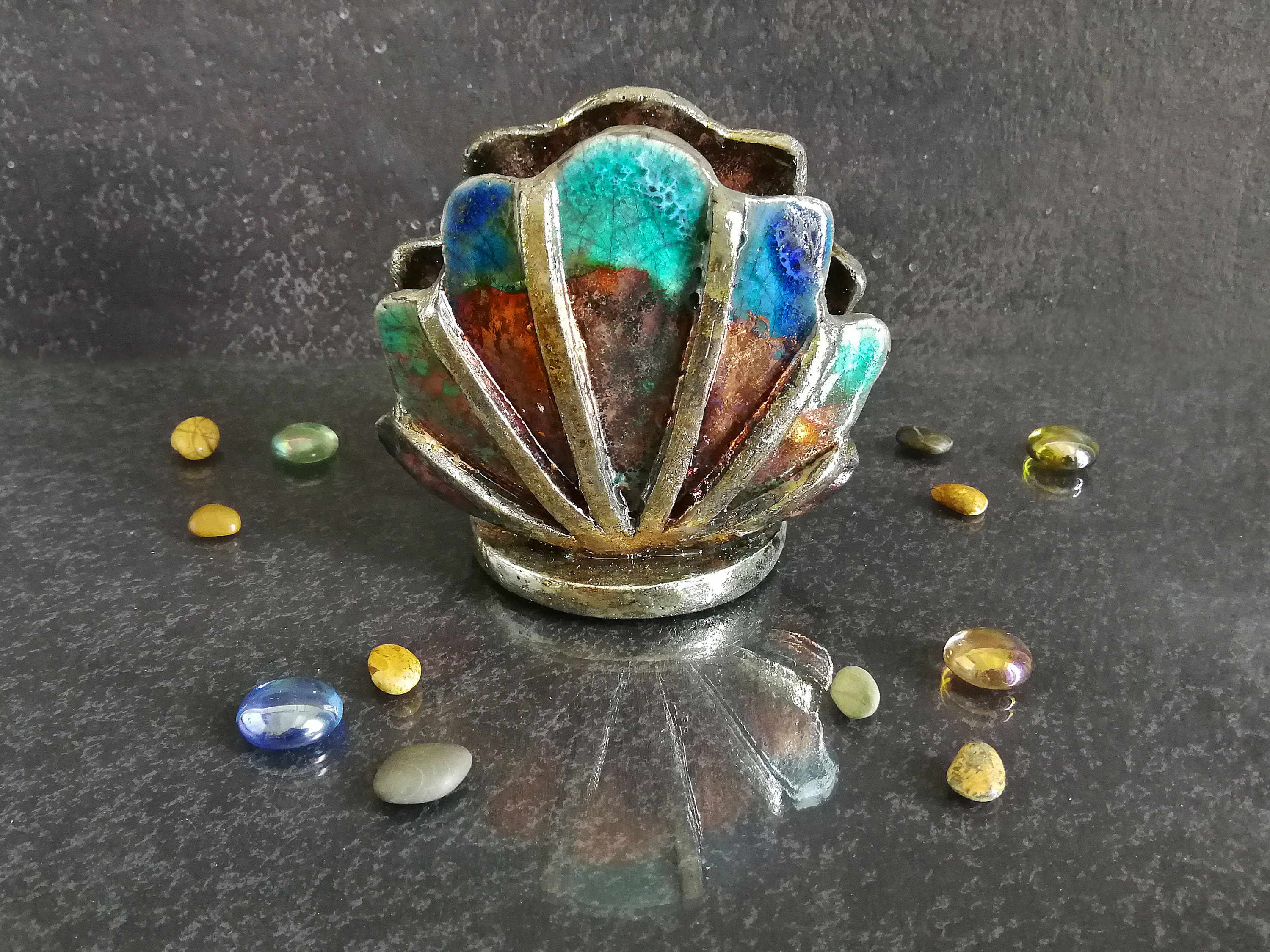 Raku pottery sea shell desk letter holder or sponge holder | Etsy