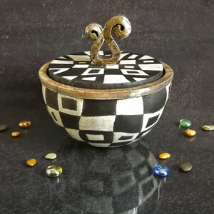 Raku Ceramic Jewelry Box / Jar With Geometric Mosaic Pattern Black and ...
