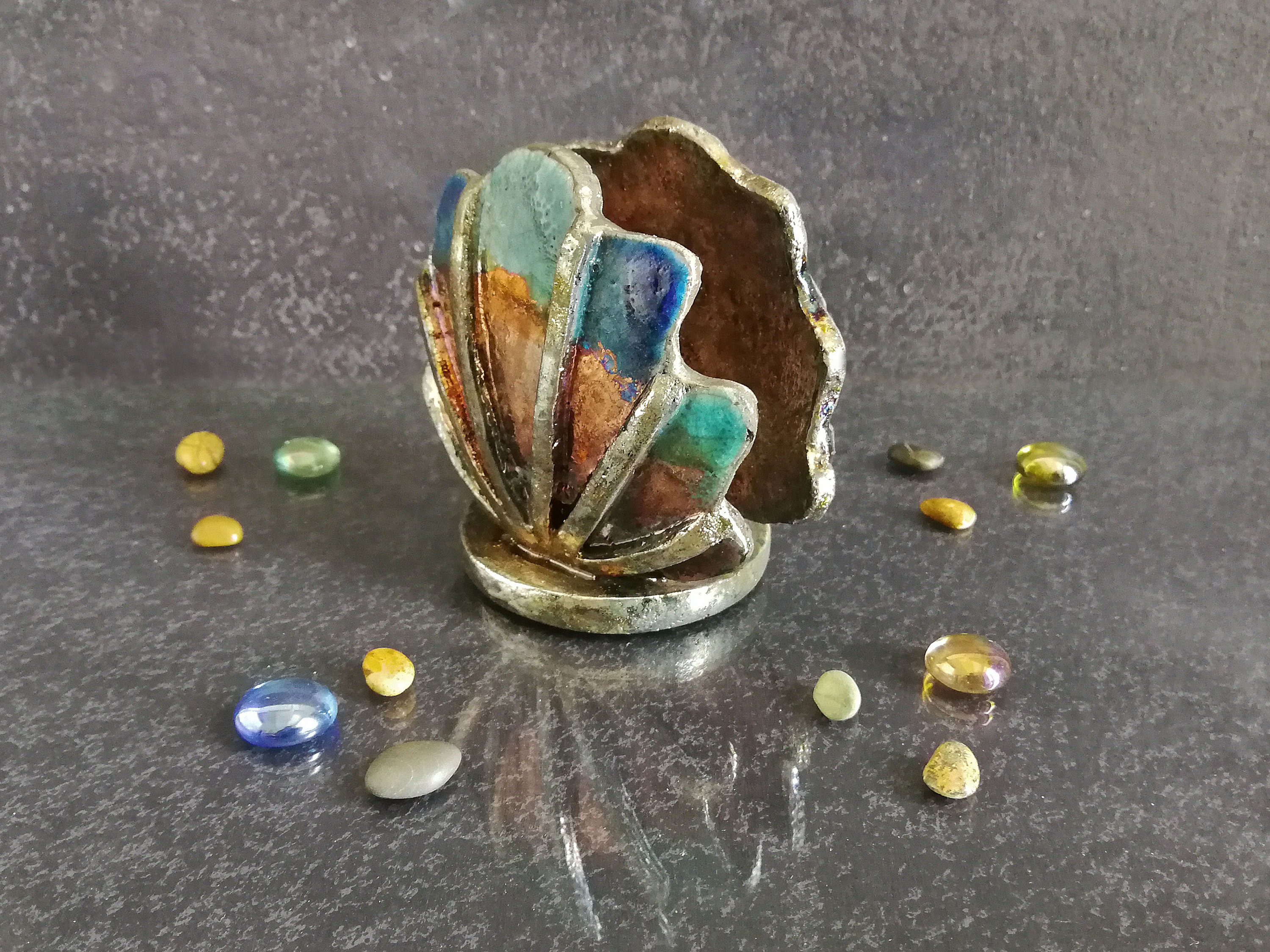 Raku pottery sea shell desk letter holder or sponge holder | Etsy