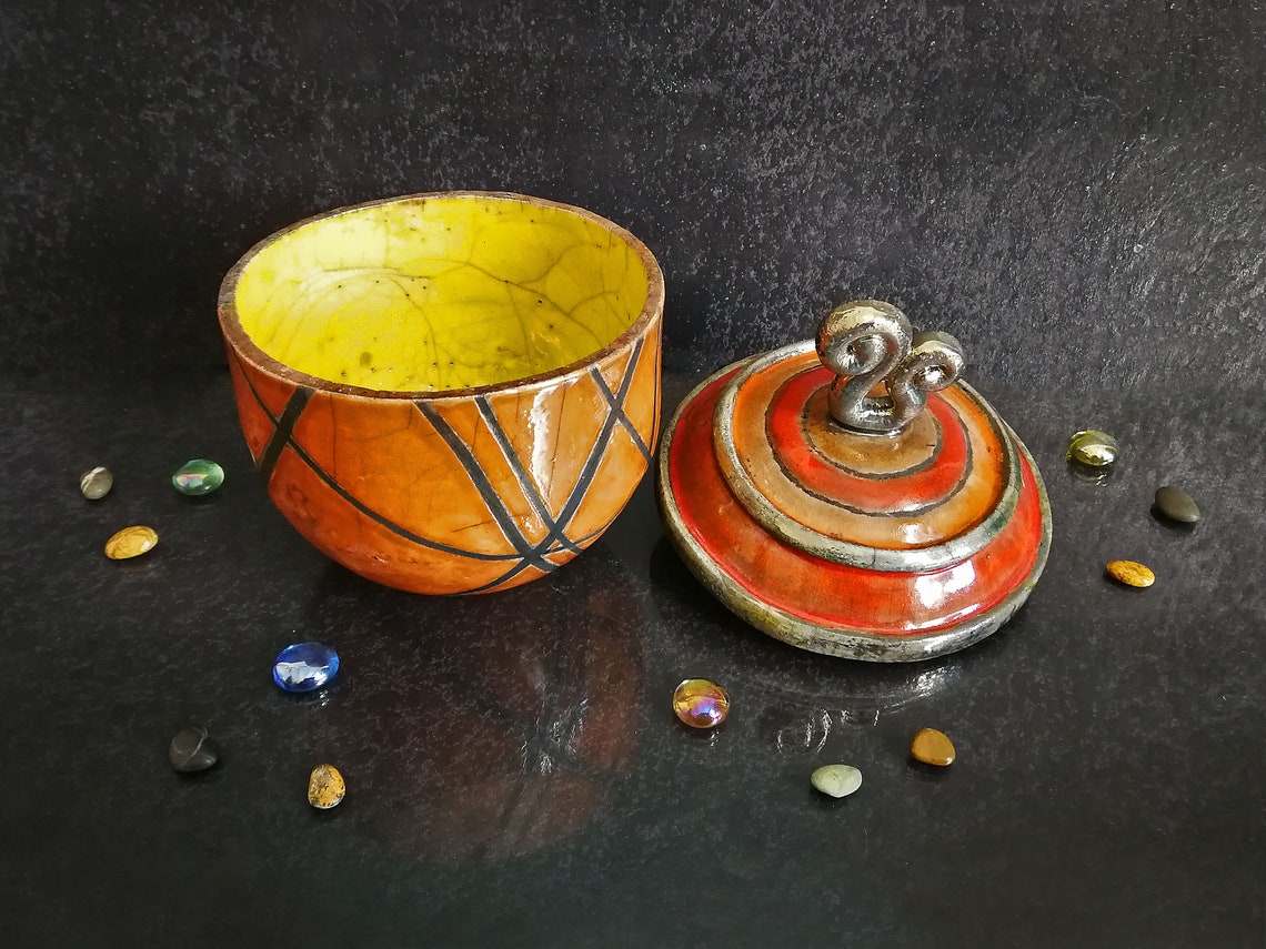 Raku Spherical Jewelry Box / Jar With Lid Hand Painted Jar | Etsy
