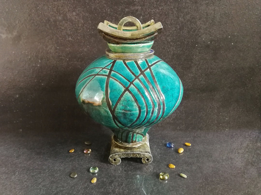 Raku Ceramic Large Turquoise Urn for Human or Pet Ashes, Drop Shape Urn ...
