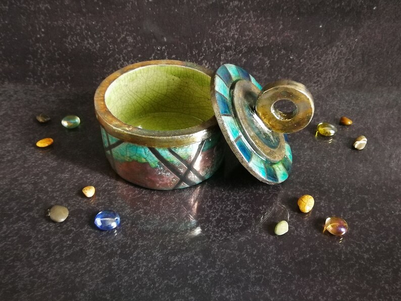 Cylindrical Raku Ceramic Jewelry Box With Geometric - Etsy