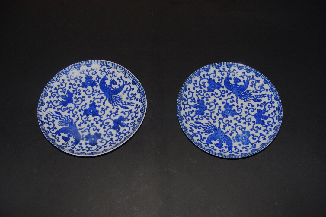 Pair of Early Antique Morimura Blue and White Side Plates Phoenix ...