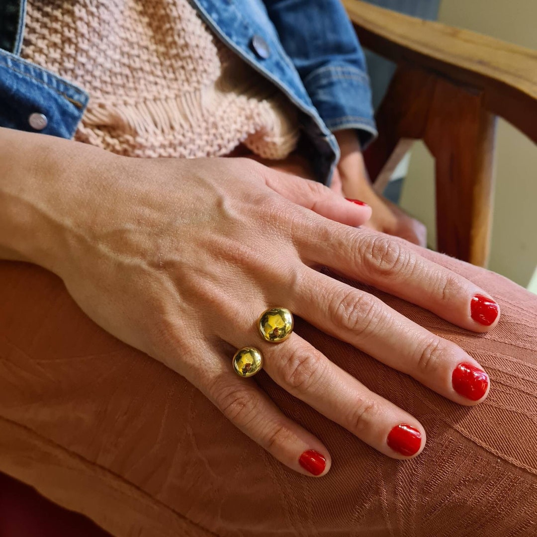 Gold Two Balls Ring, Antique Brass Ball Ring, Trendy Gold Statement ...