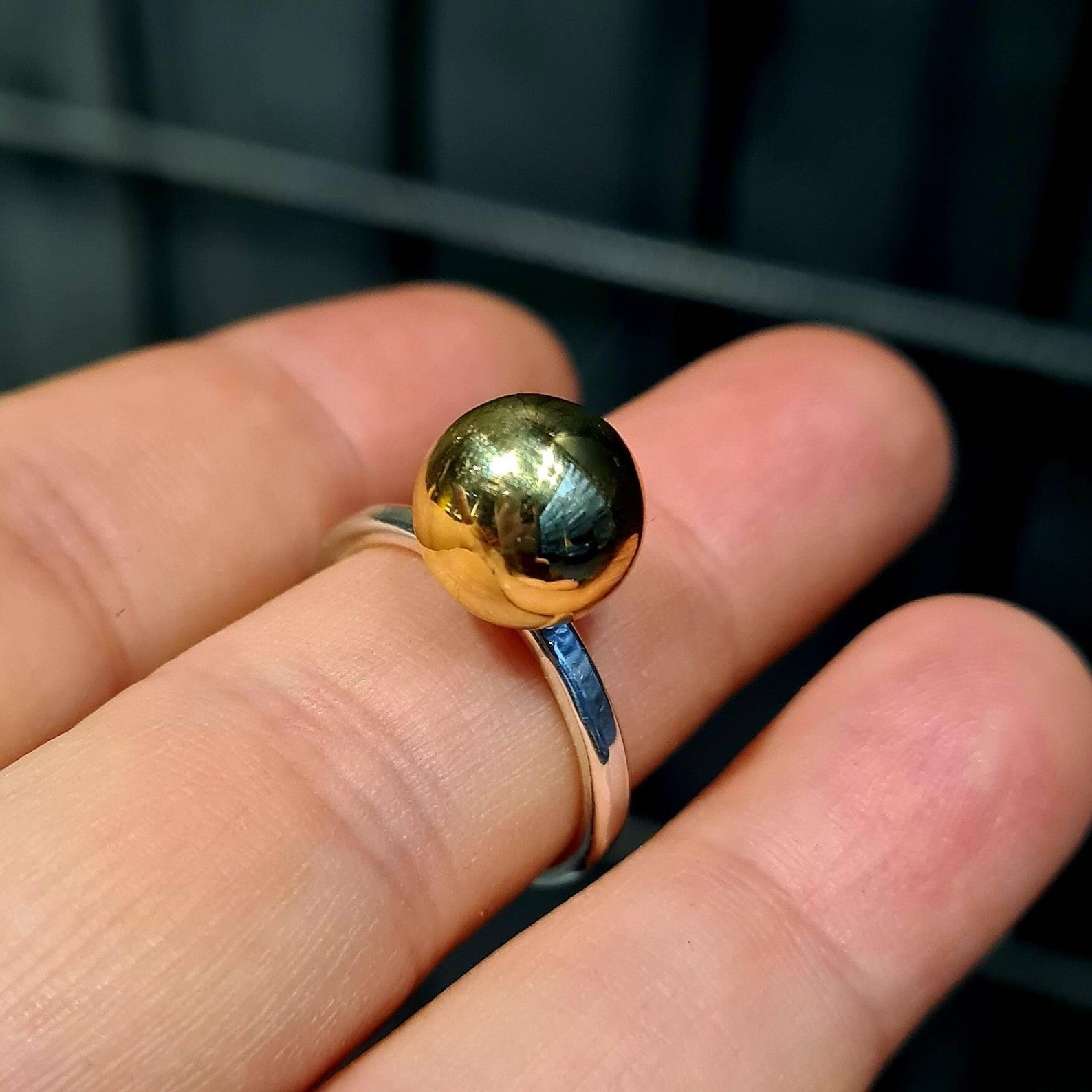 Gold Globe Ring With Sterling Silver Band: Geometric Statement Jewelry ...