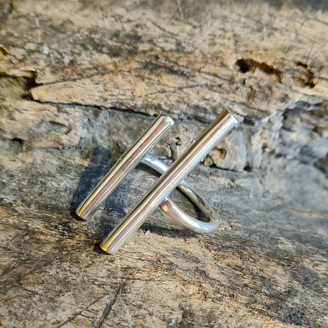 Chunky Silver Parallel Bar Ring, Sterling Silver Double Bar Ring, Modern Geometric Simple ...