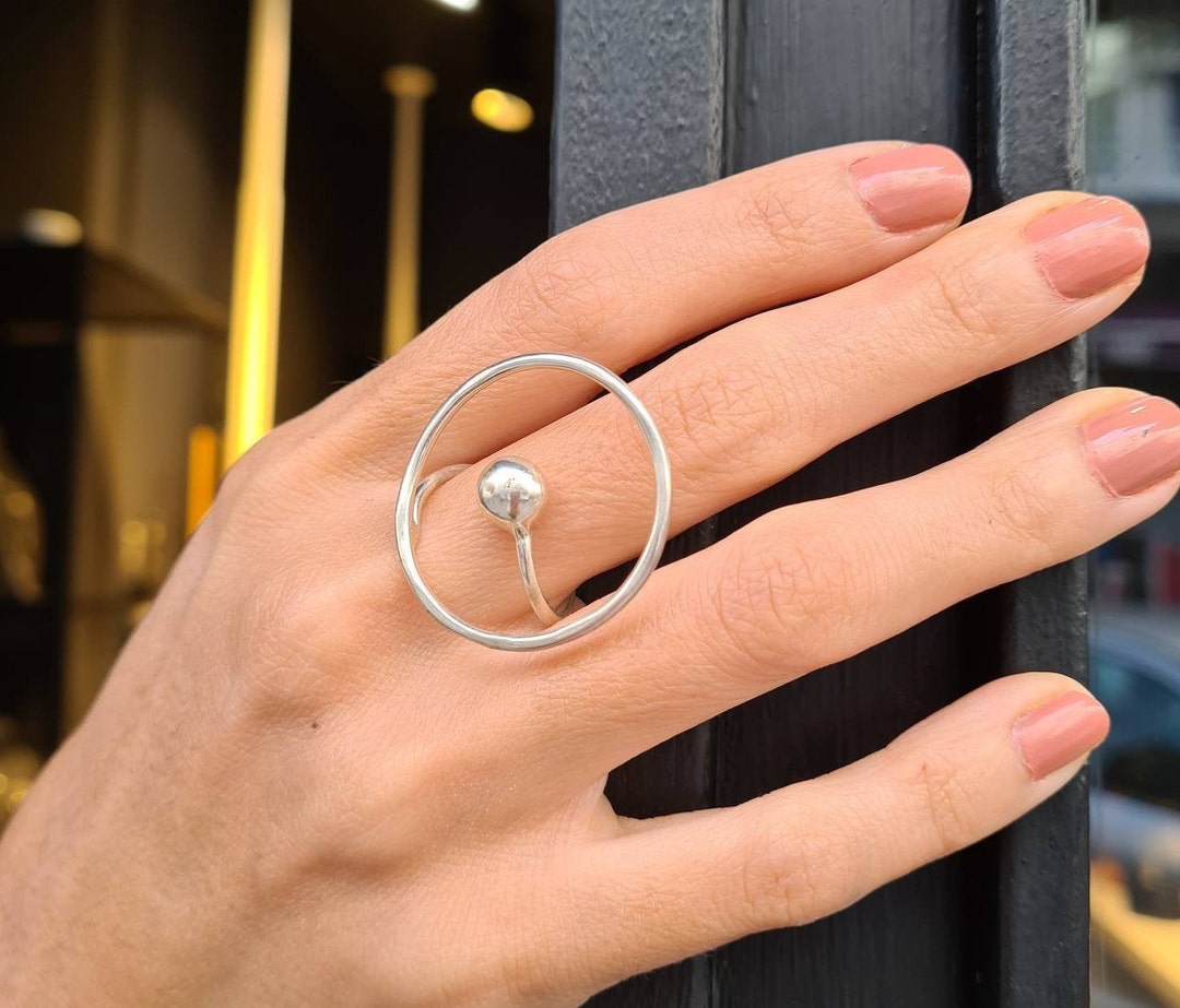 Large Silver Circle Ring With a Ball, Geometric Silver Ring, Big Round ...