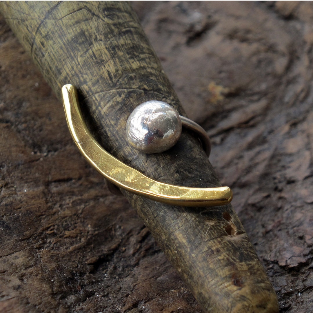 Sterling Silver and Gold Half Moon Ring, Modern Statement Ring, Two Tone Ring, Crescent Moon ...
