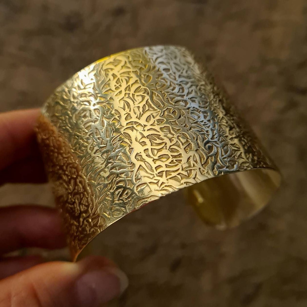 Wide Gold Cuff Bracelet With Floral Texture, Brass Cuff for Women ...