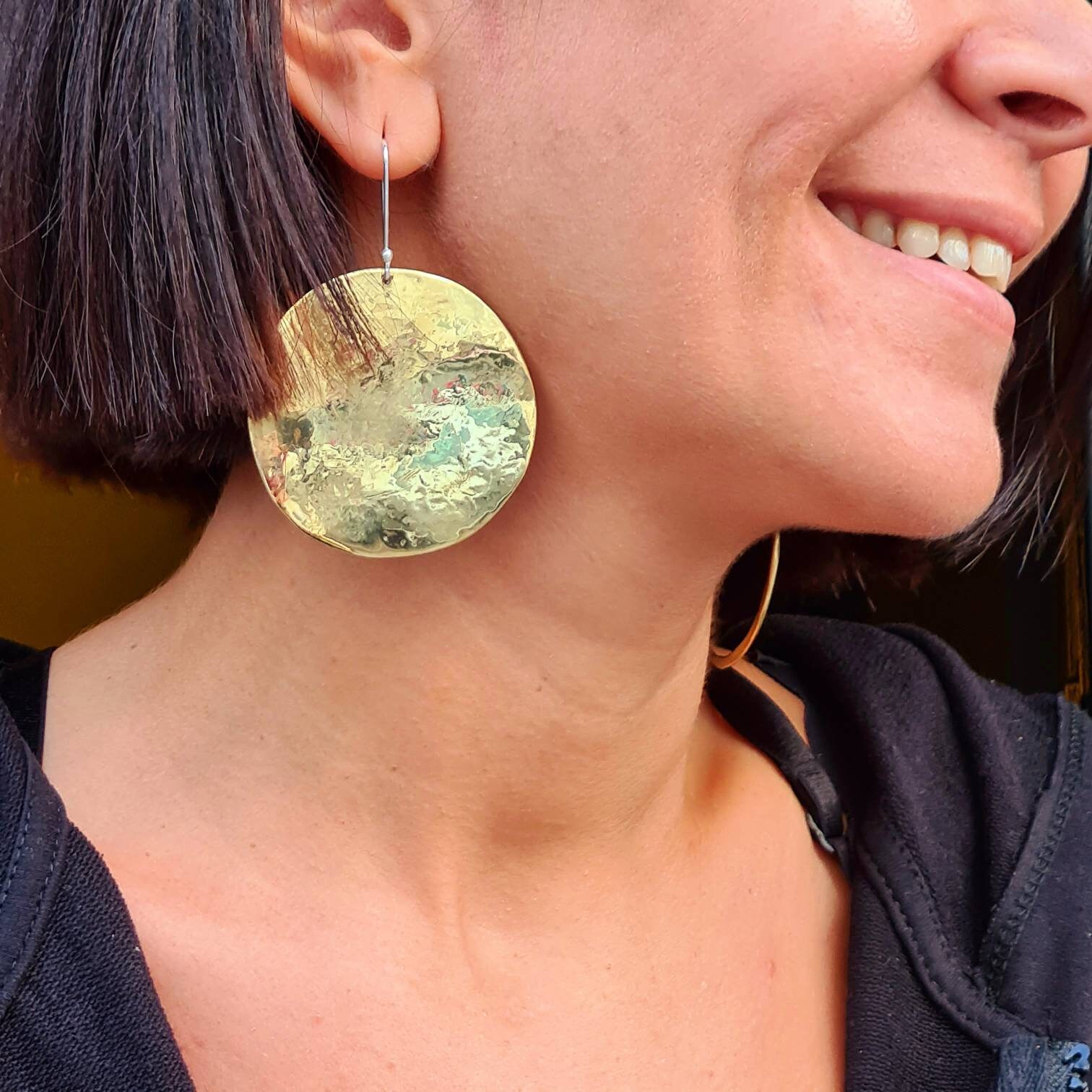 Asymmetrical Large Disc Dangle Earrings Big Gold Hoop | Etsy