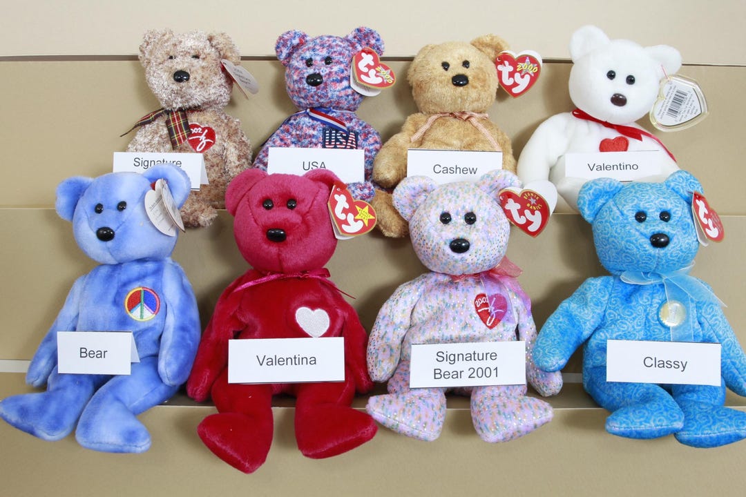 Vintage Assorted Ty Beanie Bears - Valentina, Valentino, Classy, Cashew ...