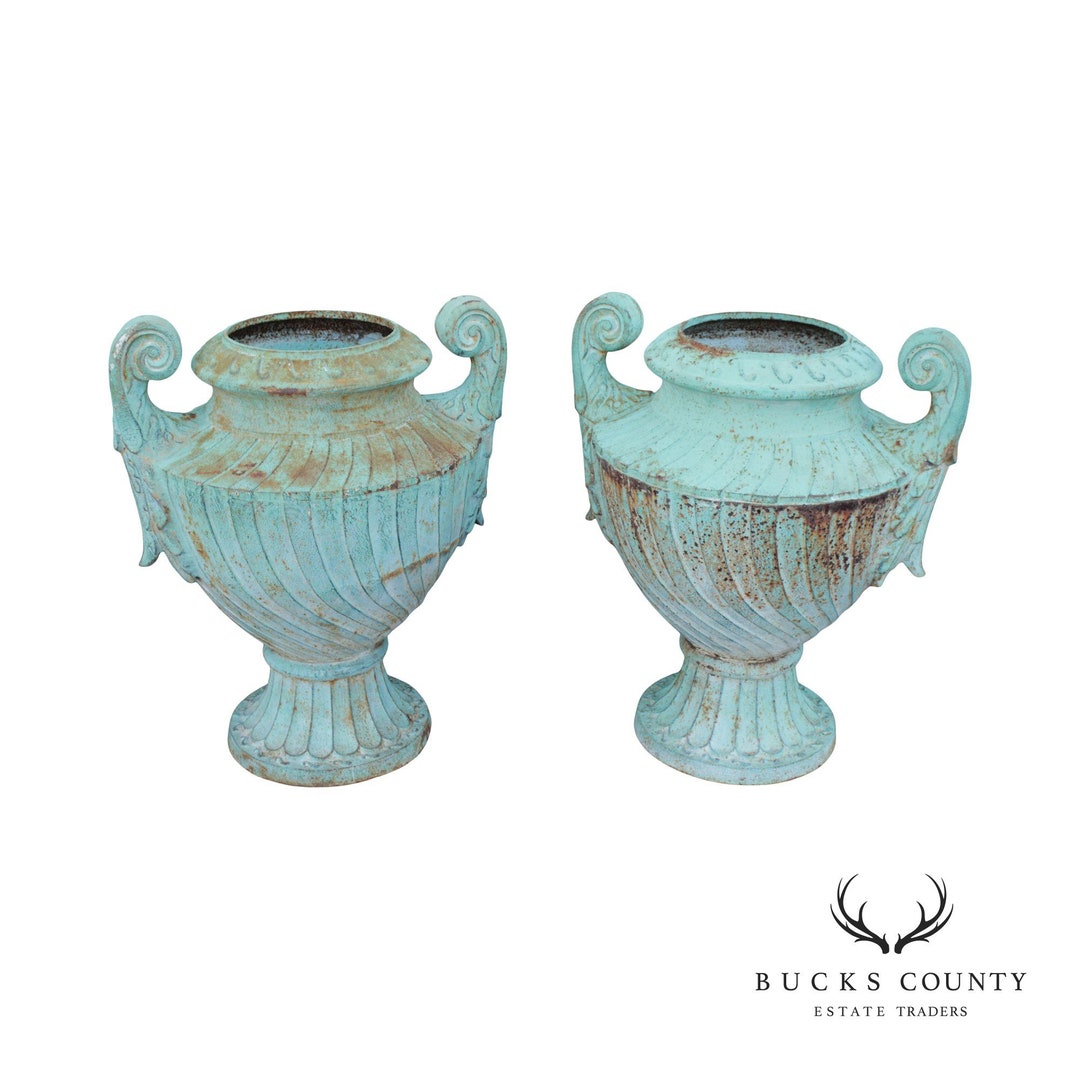 Neoclassical Style Large Pair Verdigris Cast Iron Urn Garden Planters ...