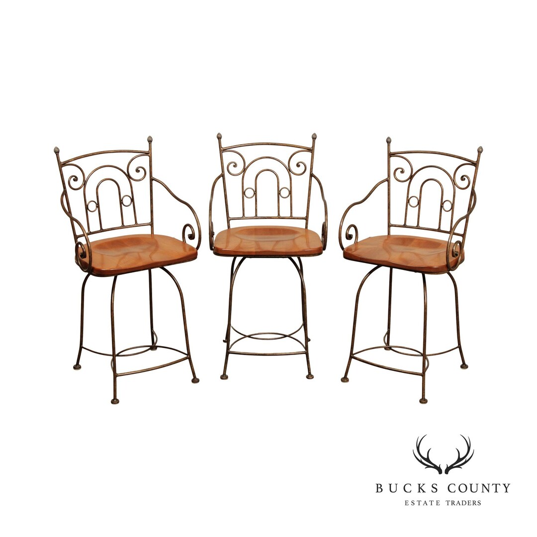 Tuscan Style Set of 3 Wrought Iron and Wood Swivel Counter Stools - Etsy