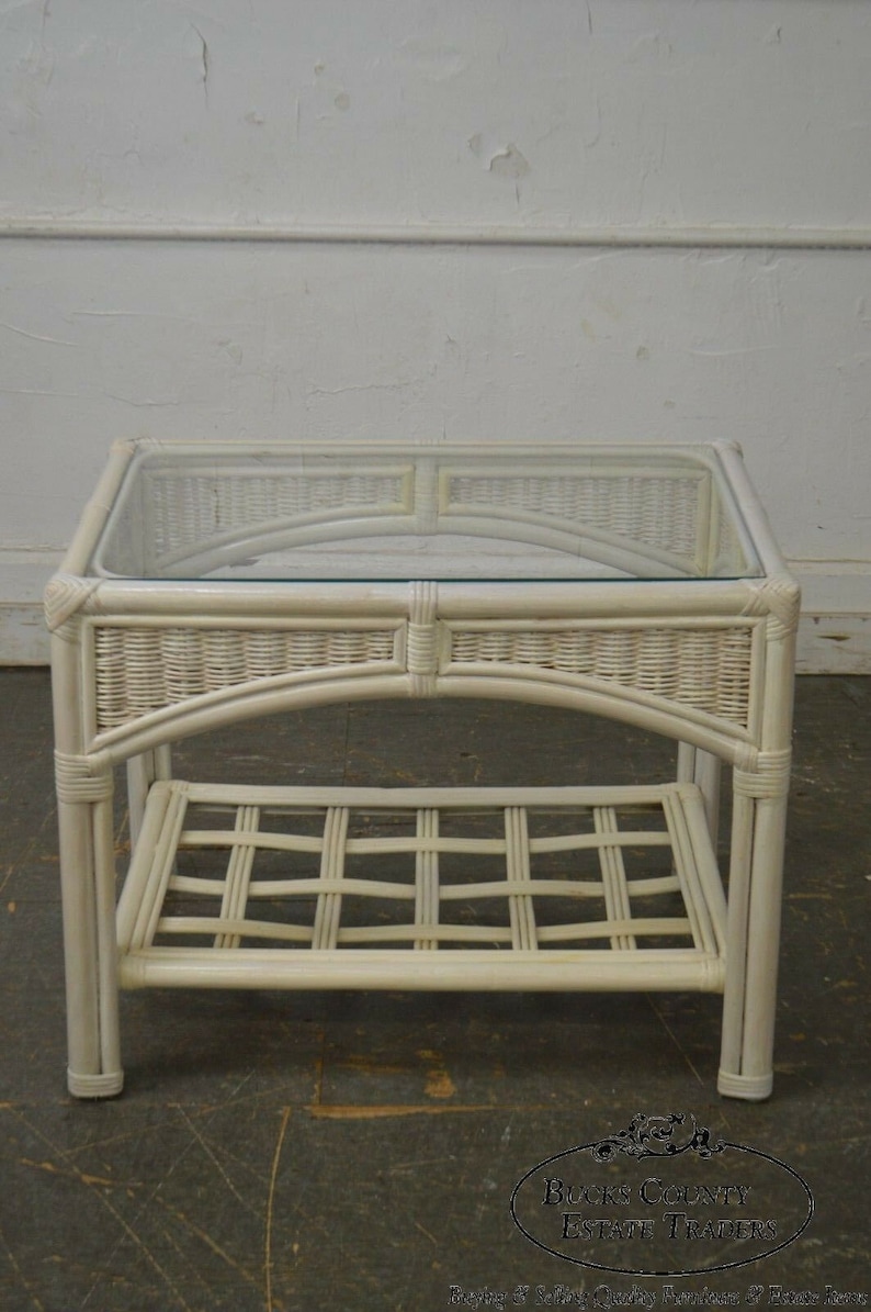 Link Taylor Pair of White Painted Glass Top Side Tables - Etsy
