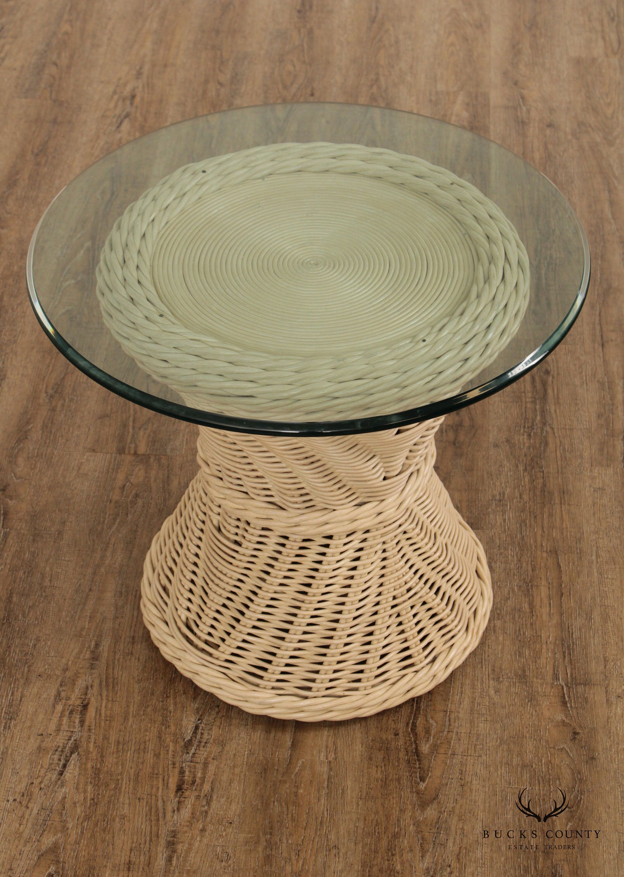 Round wicker end table with glass top store