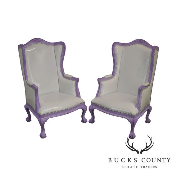 White & Purple Pair Rococo Style High Back Wing Chairs | Etsy