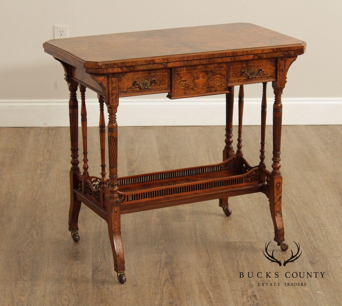Antique English Burl Walnut Inlaid Games Table - Etsy