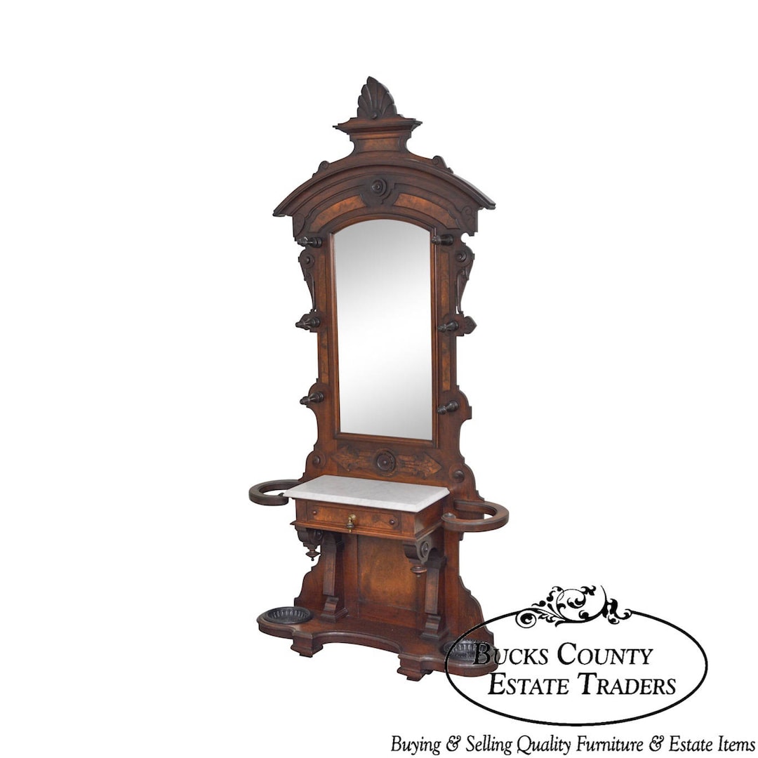 Antique Victorian Renaissance Walnut Marble Top Hall Tree W/ Mirror - Etsy