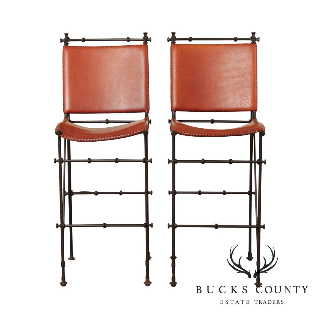 Quality Pair Forged Iron & Rebar Leather Bar Stools - Etsy