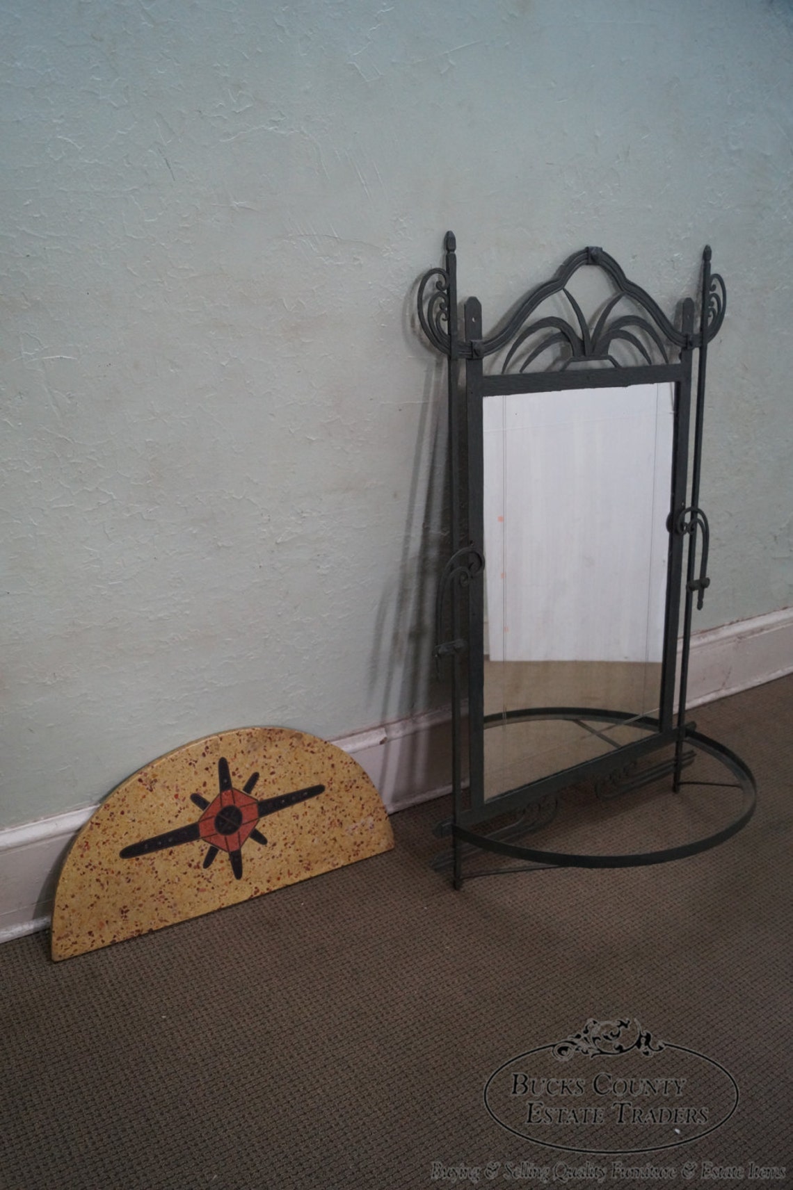 Hand Wrought Iron Southwest Hanging Mirror W/ Demilune Marble Console ...