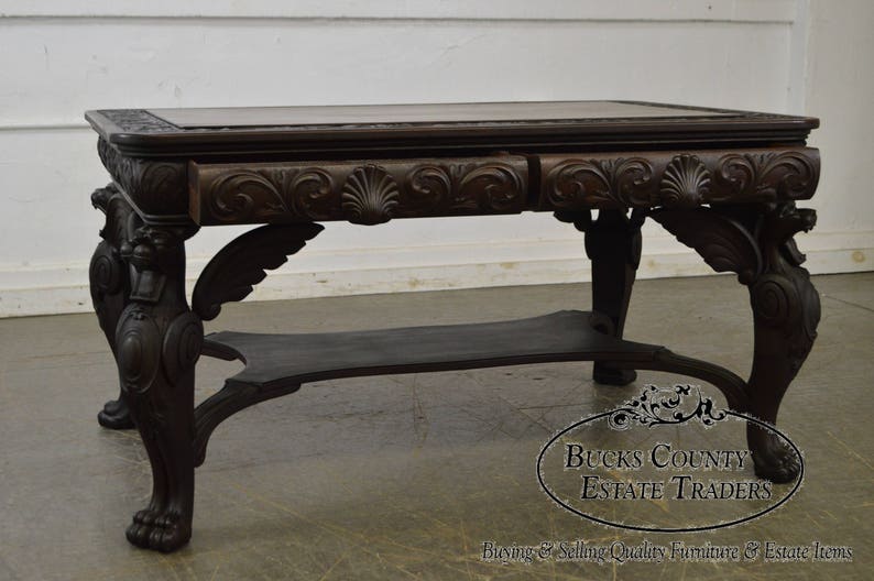 Horner Antique Carved Standing Winged Griffin Library Table | Etsy