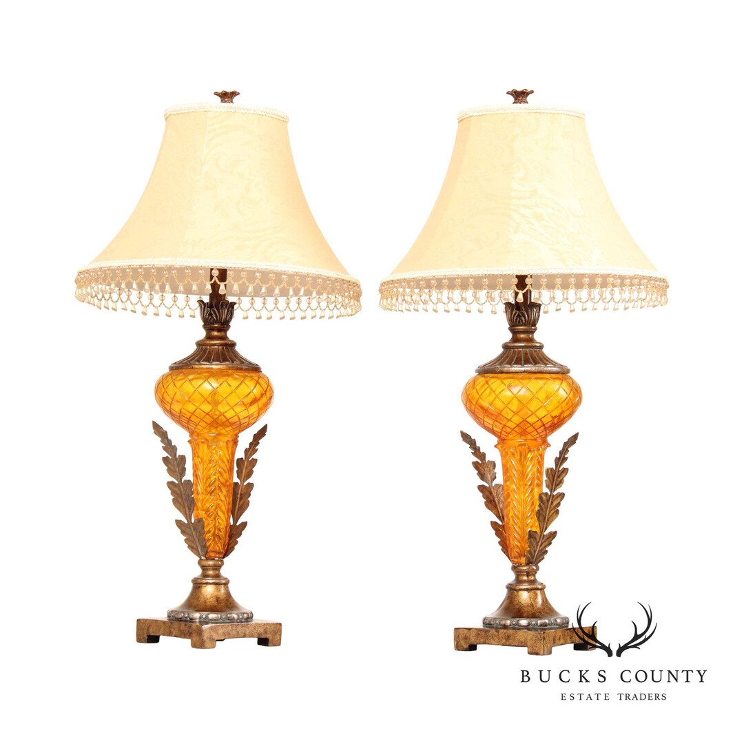 Neoclassical Style Pair of Amber Glass Faux Torch Table Lamps - Etsy