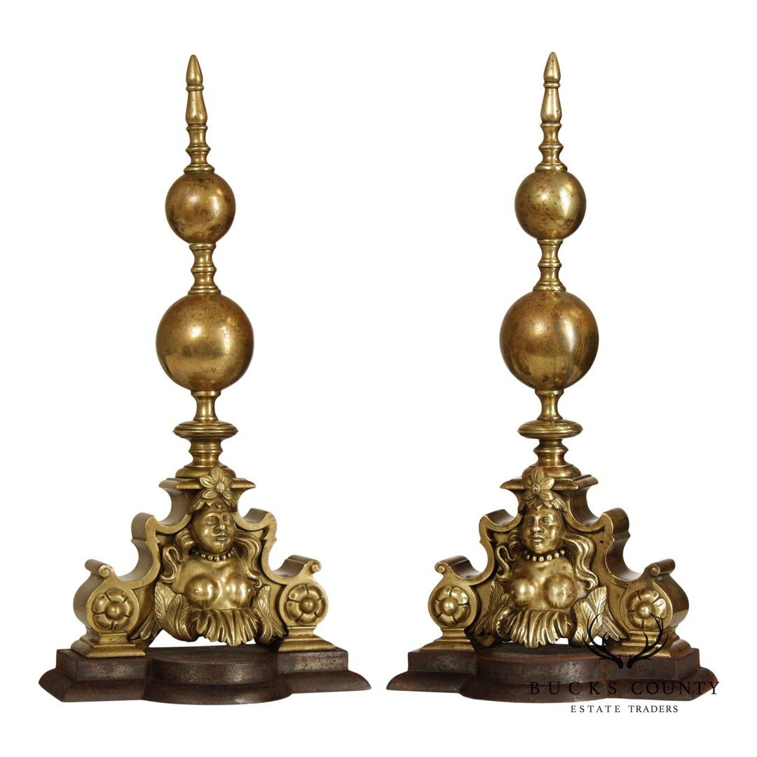French Louis XIV Style Pair of Brass Figural 'marmouset' Andirons - Etsy