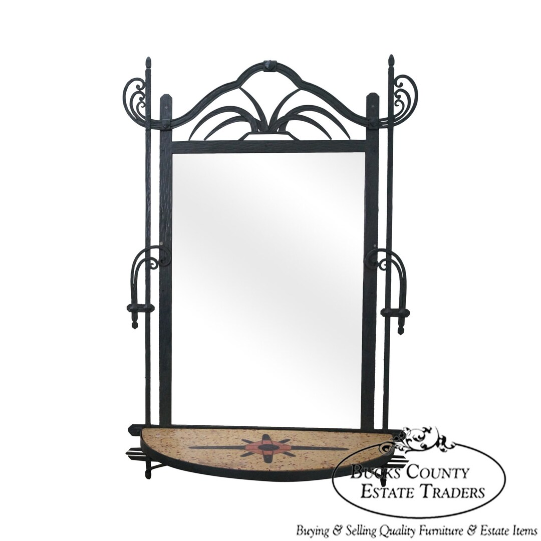 Hand Wrought Iron Southwest Hanging Mirror W/ Demilune Marble Console ...