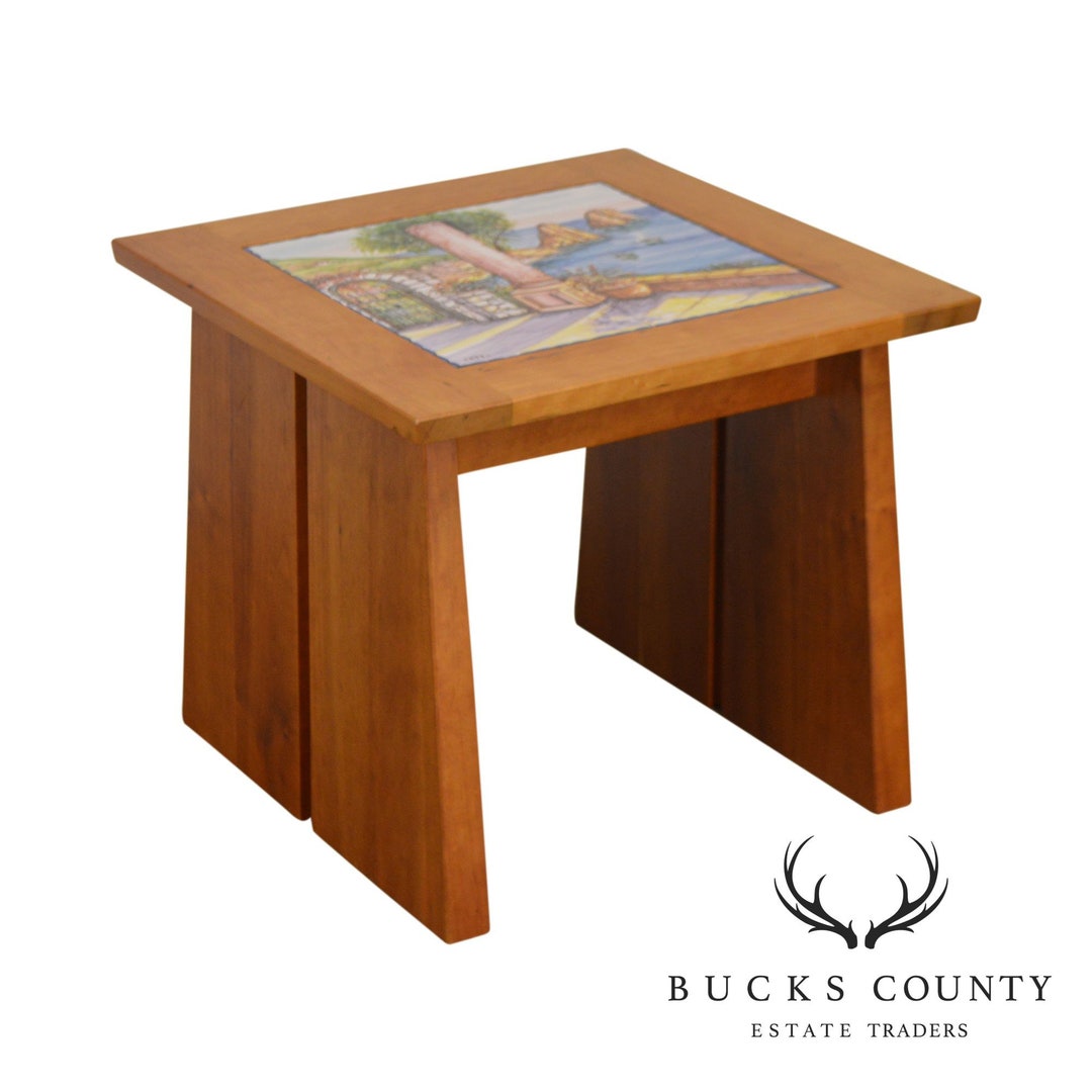 Studio Crafted Solid Cherry Square Side Tables W/ Hand Painted Italian ...