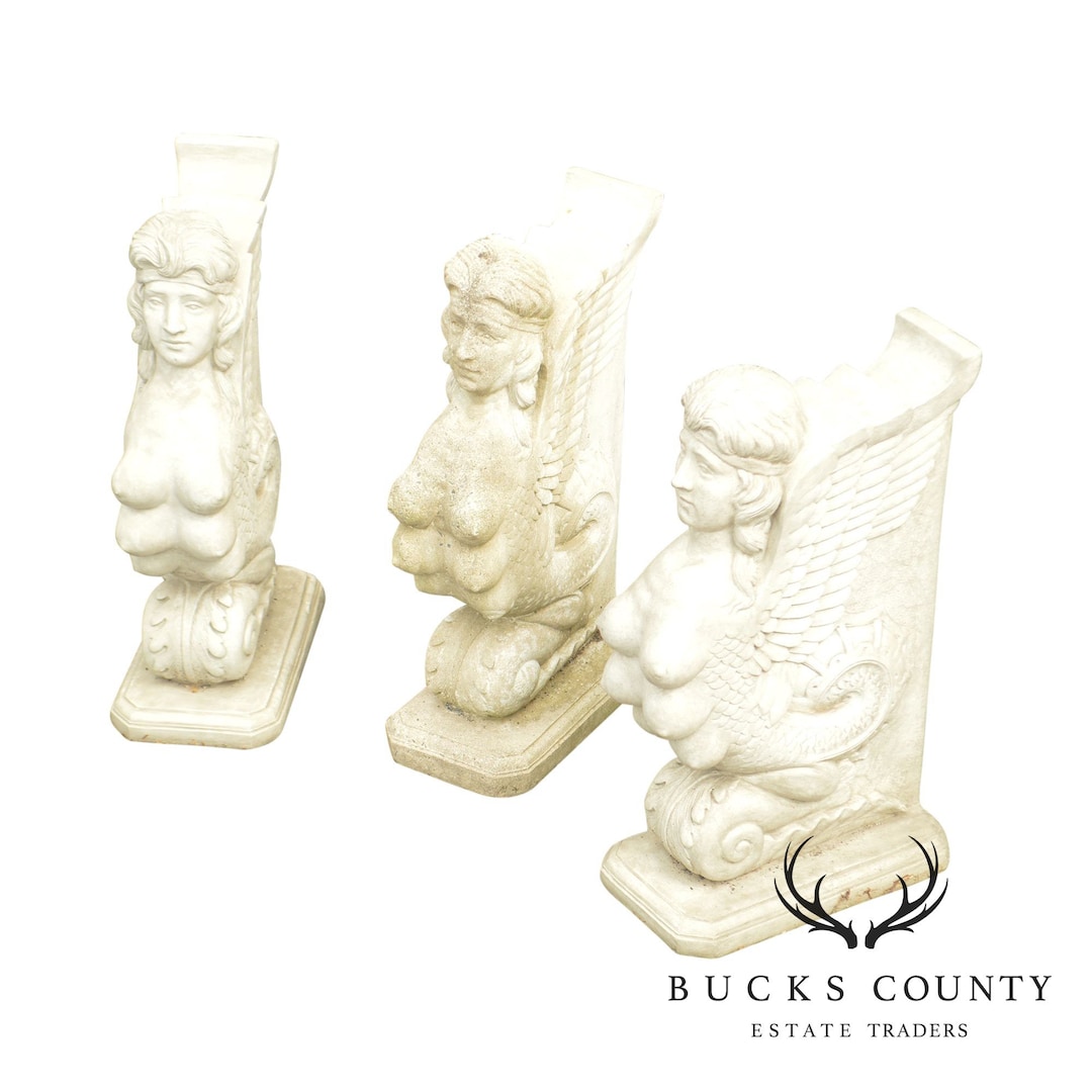 Winged Mythological Mermaids Set 3 Cast Stone Concrete Garden Ornaments ...