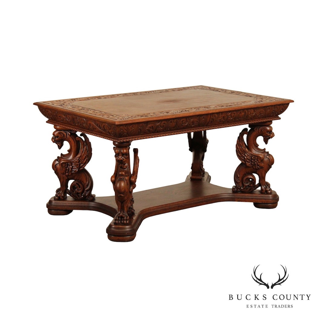 RJ Horner Antique Renaissance Revival Griffin Carved Oak Writing Desk ...