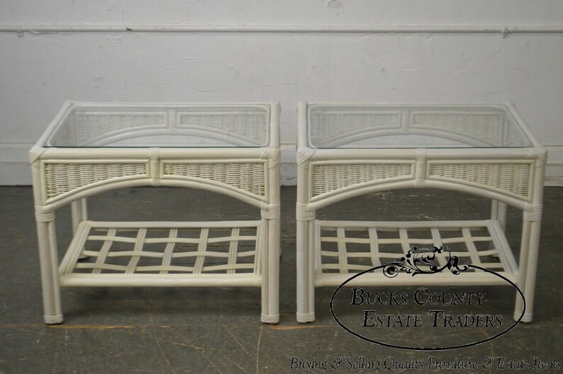 Link Taylor Pair of White Painted Glass Top Side Tables - Etsy