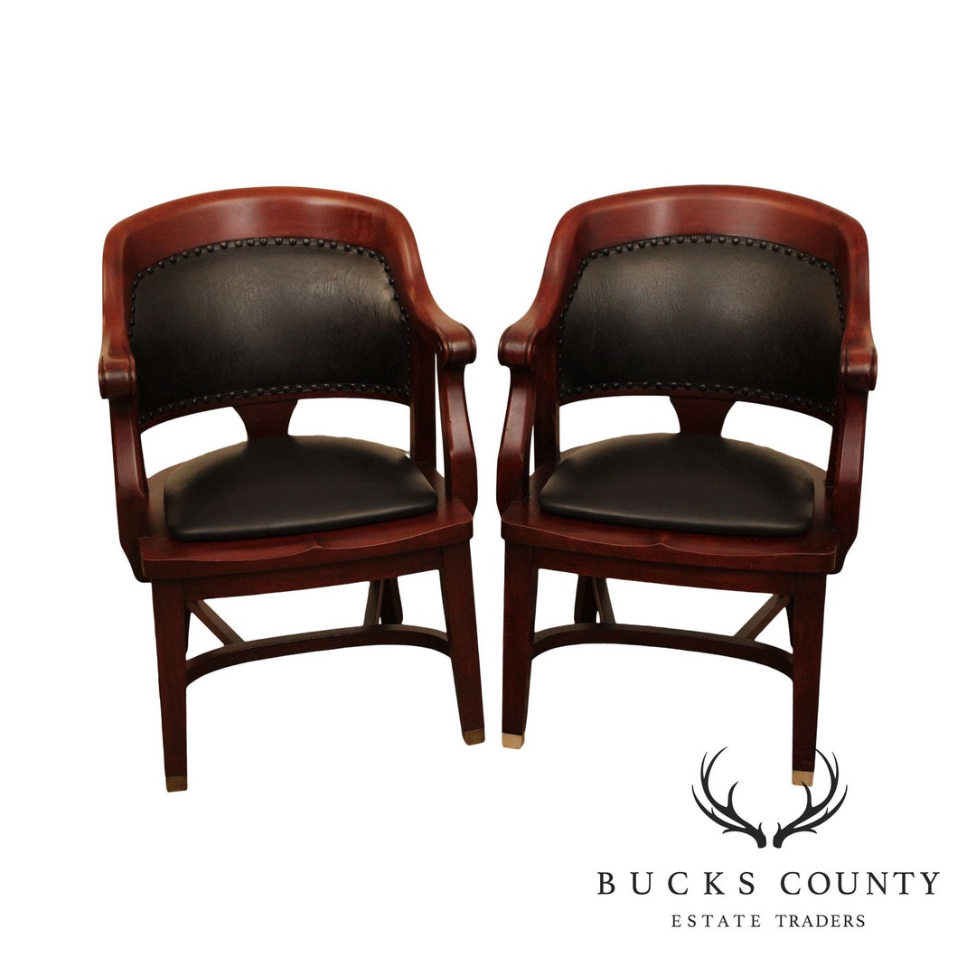 Hale Desk Company, Milwaukee Chair, Antique Walnut & Black Leather Pair ...