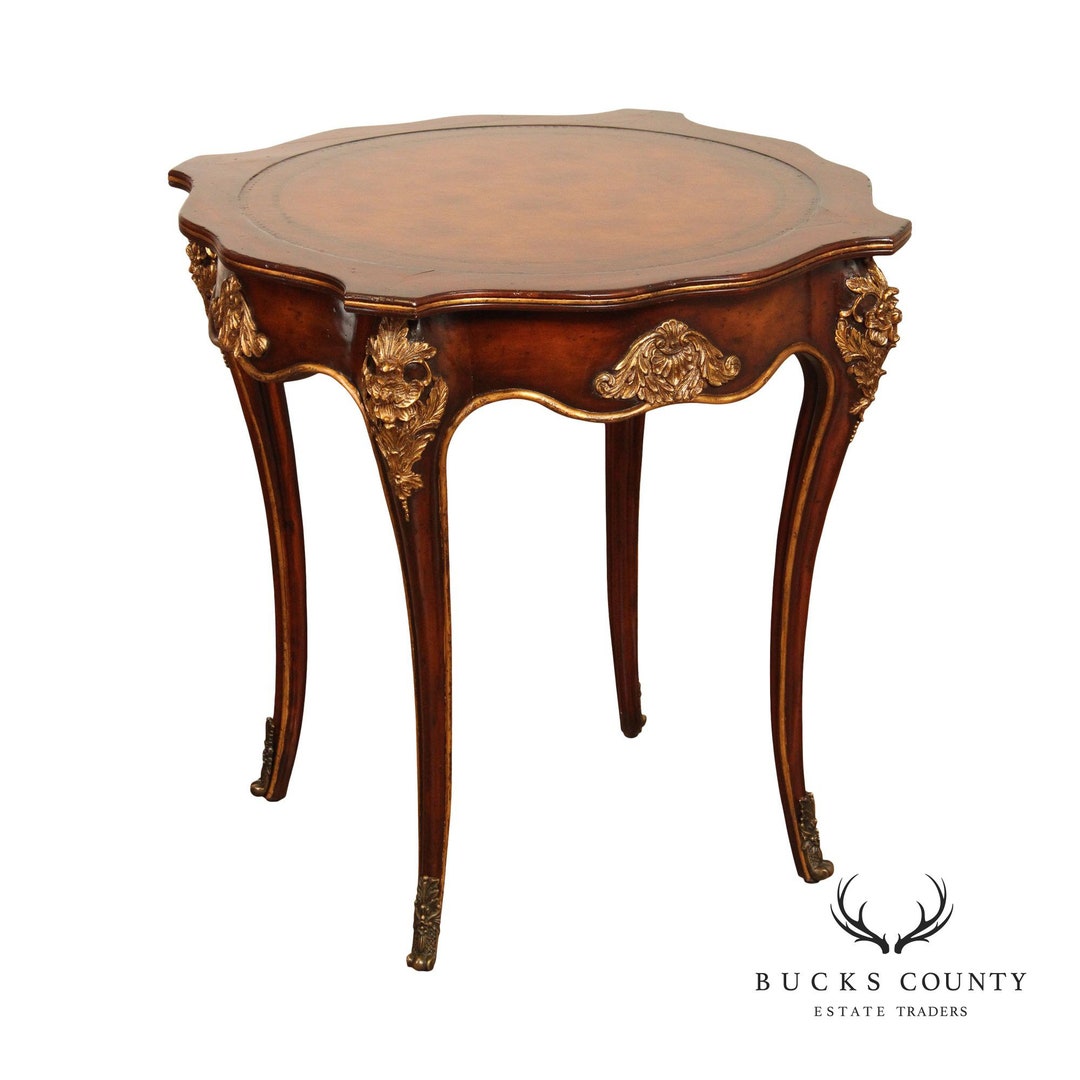 European Crossroads Renaissance Revival Style Leather Top Accent Table ...