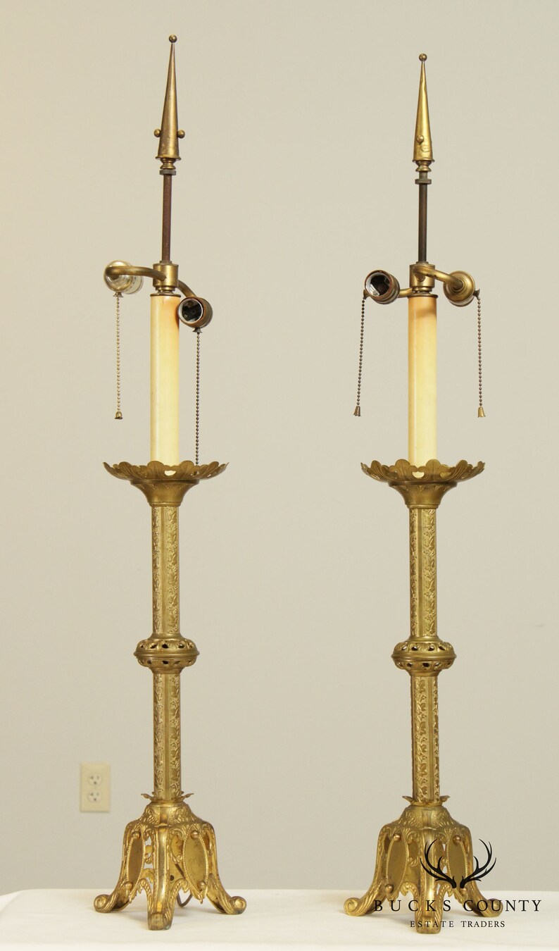 Gothic Revival Antique Aesthetic Brass Pair Converted - Etsy