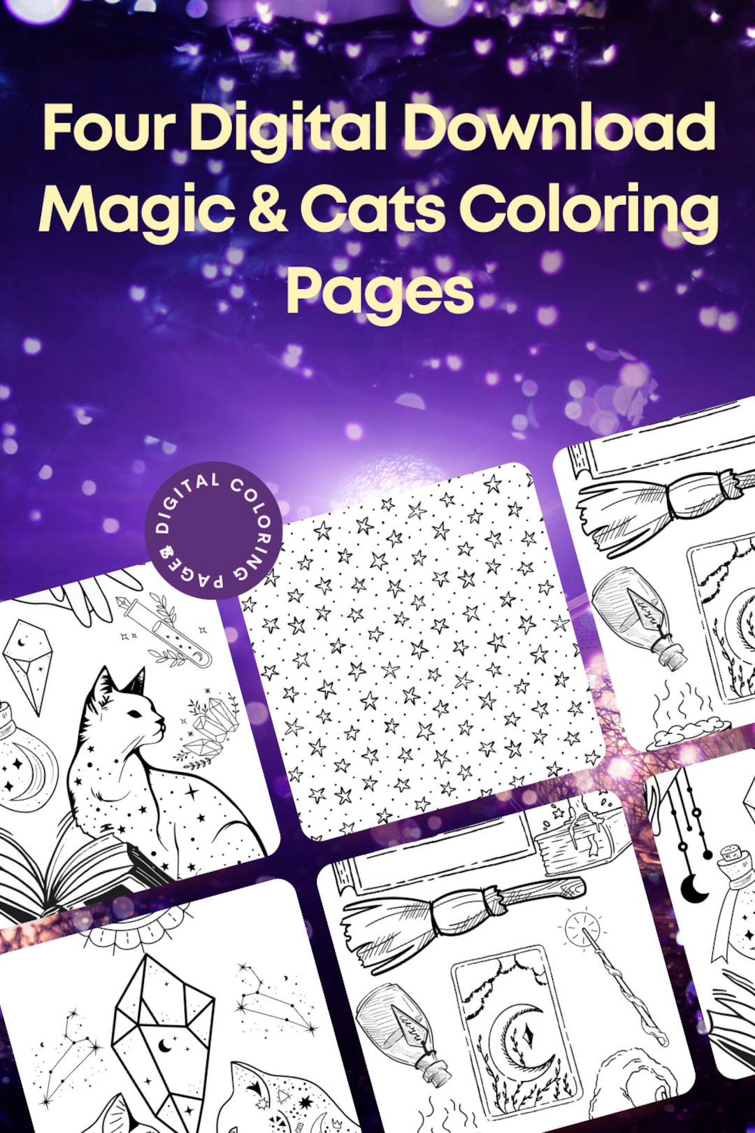 Coloring Pages Digital Download | Magic & Cats Coloring Pages for ...