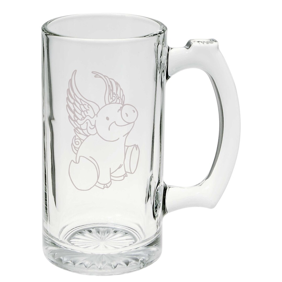 Cute Flying Pig With Wings Hand Etched Mug 16 Ounce Beer Stein Glass ...