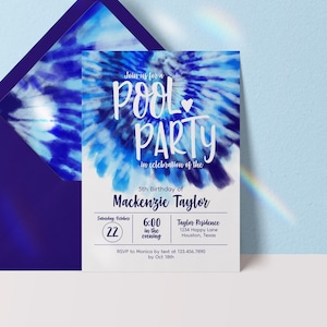 Editable Pool Birthday Party Invitation, Tie Dye Pool Party Invitation ...