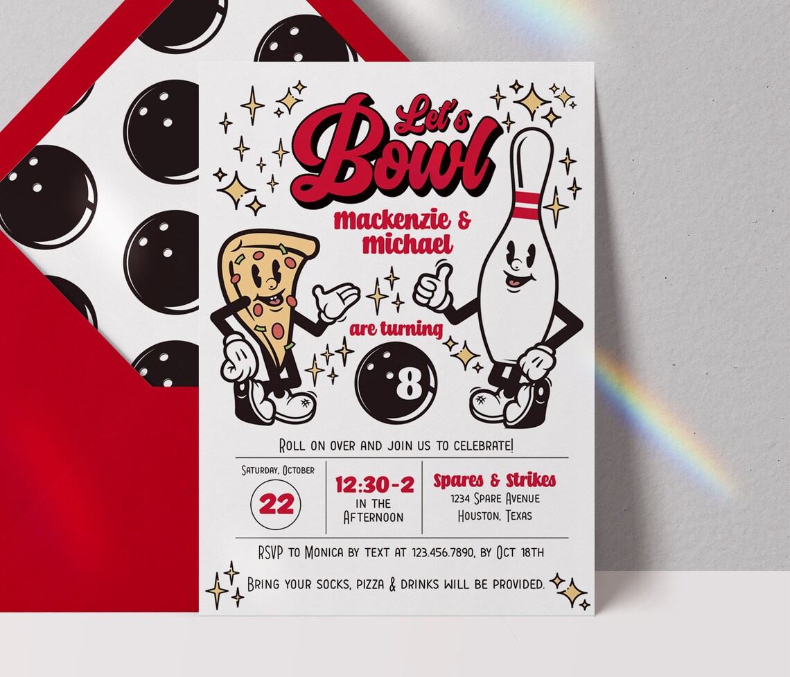 Editable Bowling Party Invitation, Joint Bowling Birthday, Siblings ...