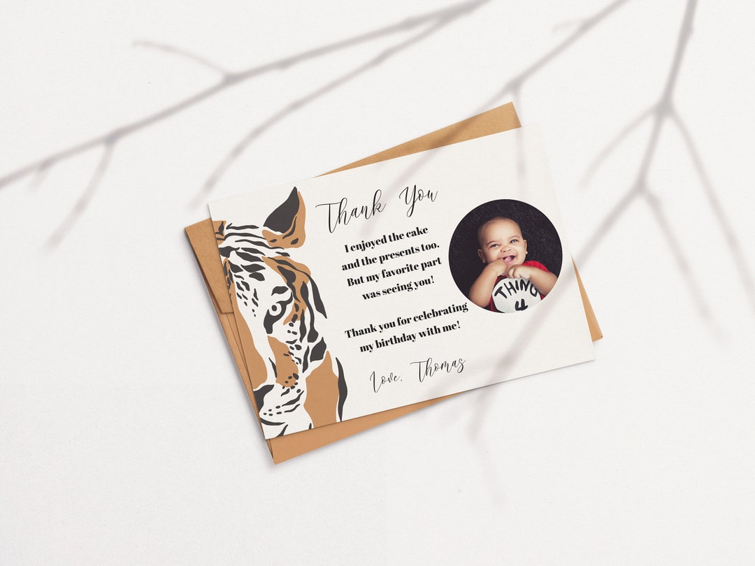 Little Tiger Birthday Thank You Card With Photo, Tiger Theme Birthday ...