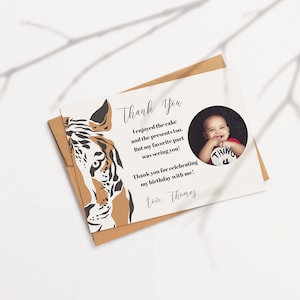 Little Tiger Birthday Thank You Card With Photo, Tiger Theme Birthday ...