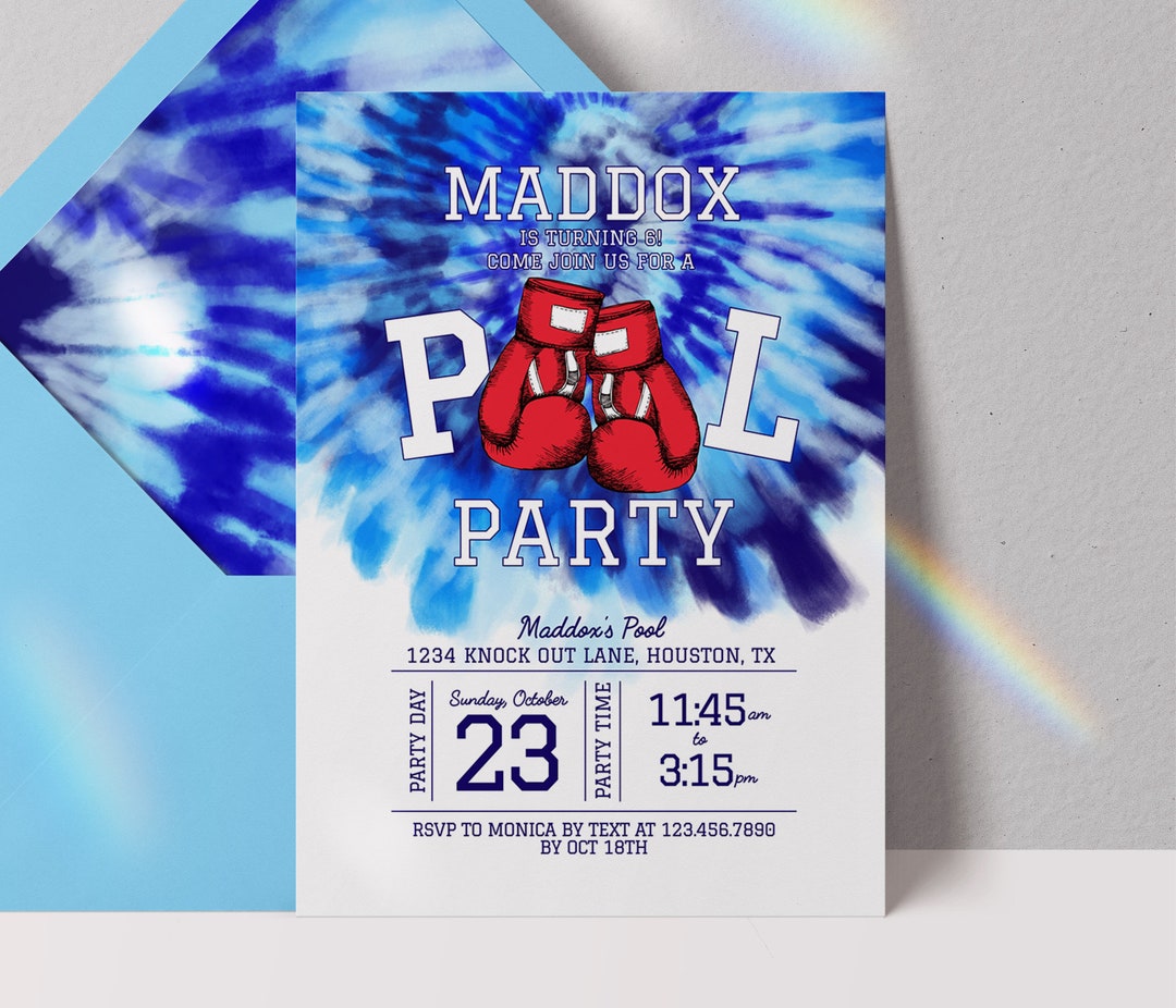 Editable Boxing Pool Birthday Party Invitation, Tie Dye Pool Party ...
