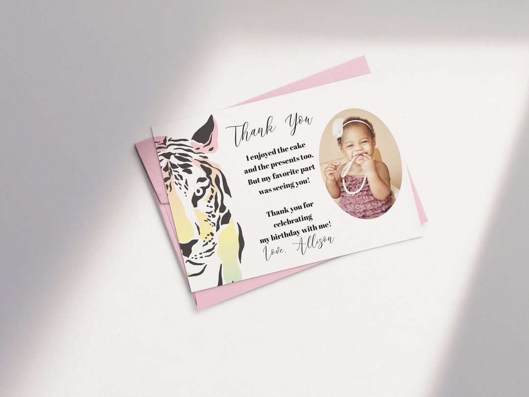 Pastel Little Cub Birthday Thank You Card With Photo Tiger Theme ...